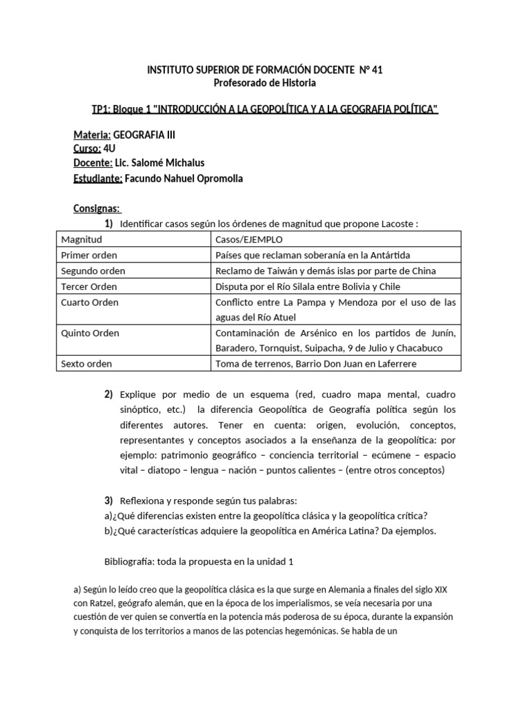 Facundo Nahuel Opromolla - TP1 - GEO3 - MICHALUS - 202 | PDF | Geopolítica | Argentina