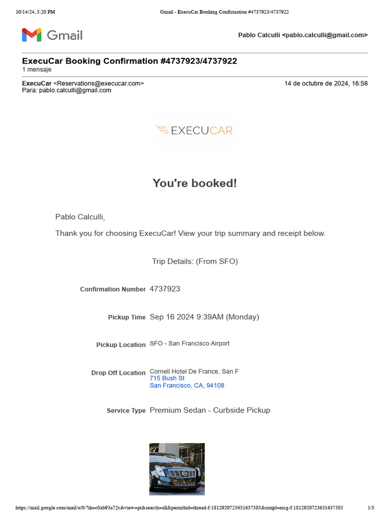 Gmail - ExecuCar Booking Confirmation #4737923 - 4737922 | PDF | San ...