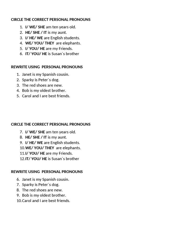 Circle The Correct Personal Pronouns | PDF