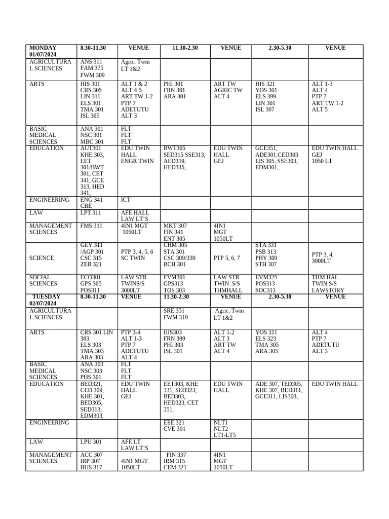 Final - 300 Level Exam Time Table 2023-2024 | PDF