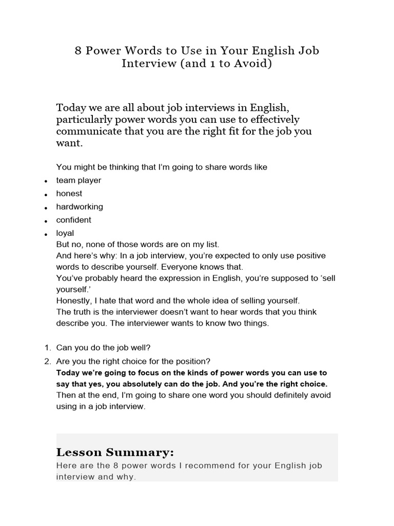 English Job Interview Power Words | PDF | Job Interview
