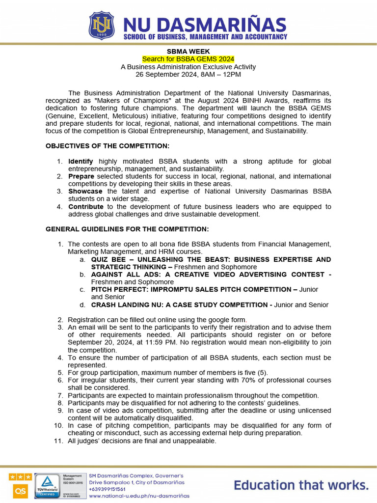 BSBA GEMS 2024: Business Competitions Guide | PDF