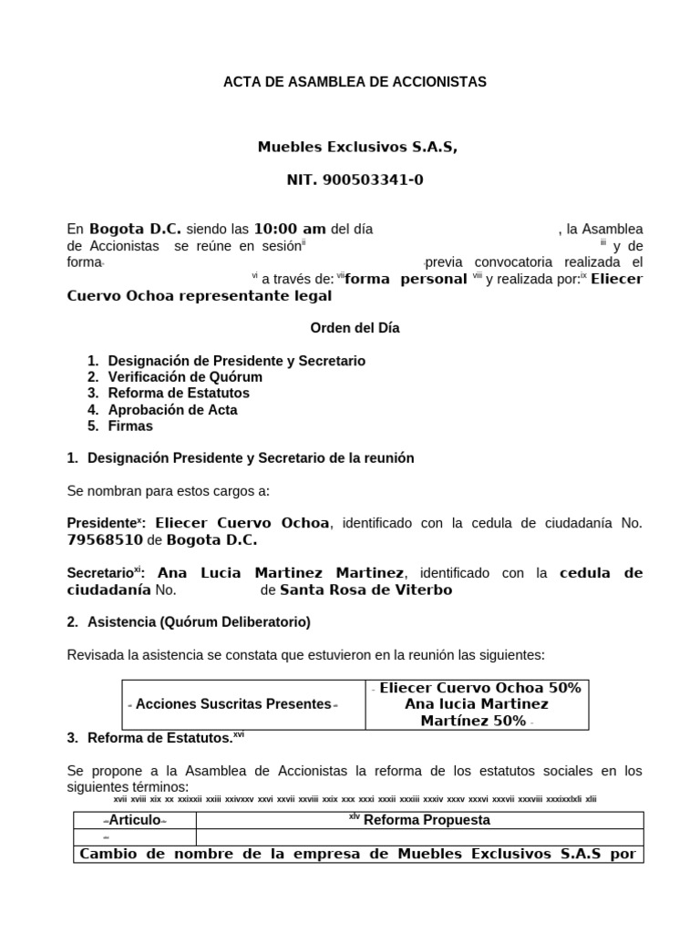 Acta Asamblea Accionistas Muebles Exclusivos | PDF | Gobierno