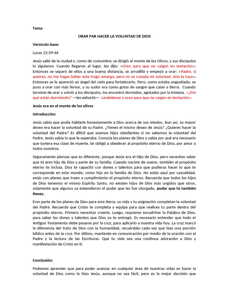 Tema Orar para Hacer La Voluntad de Dios | PDF | Cristo (título) | Oración