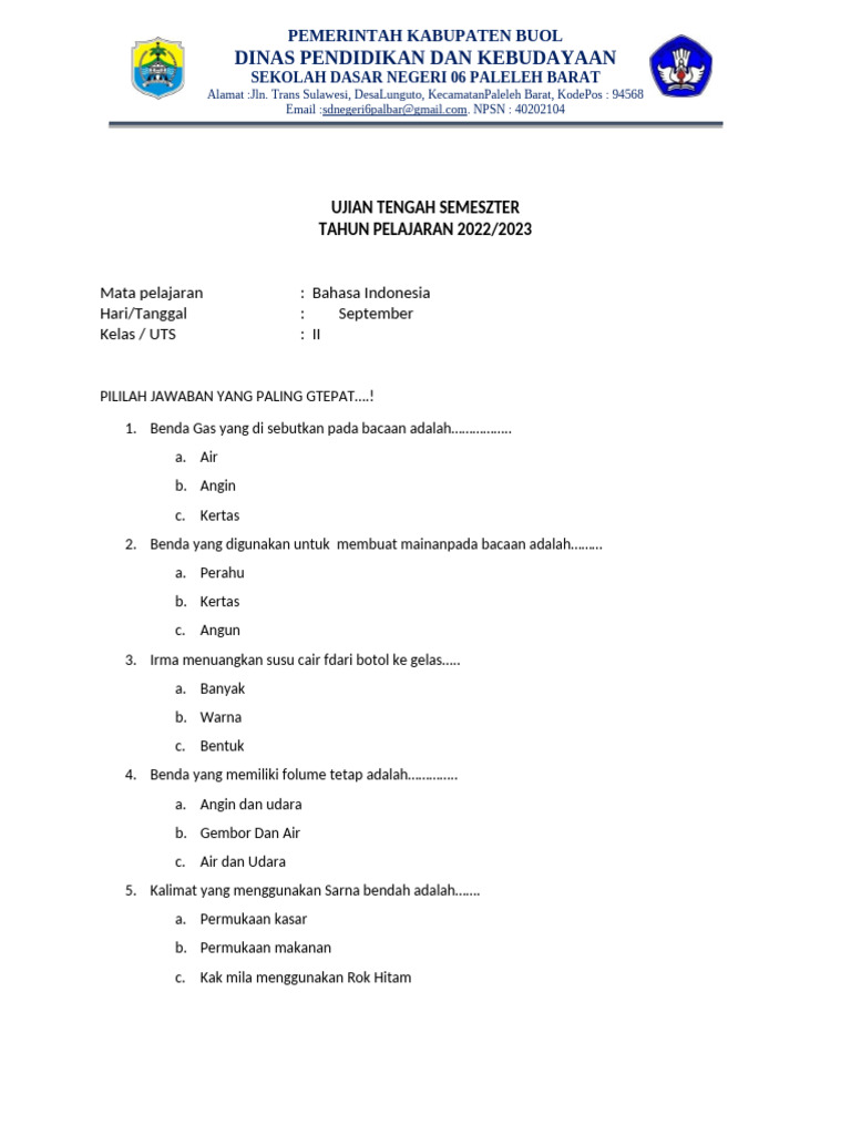 Soal Bhs Indonesia Kls II | PDF