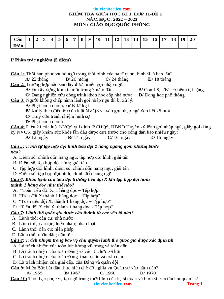 De Thi Giua HK1 GDQP 11 Nam 2022 2023 de 1 | PDF