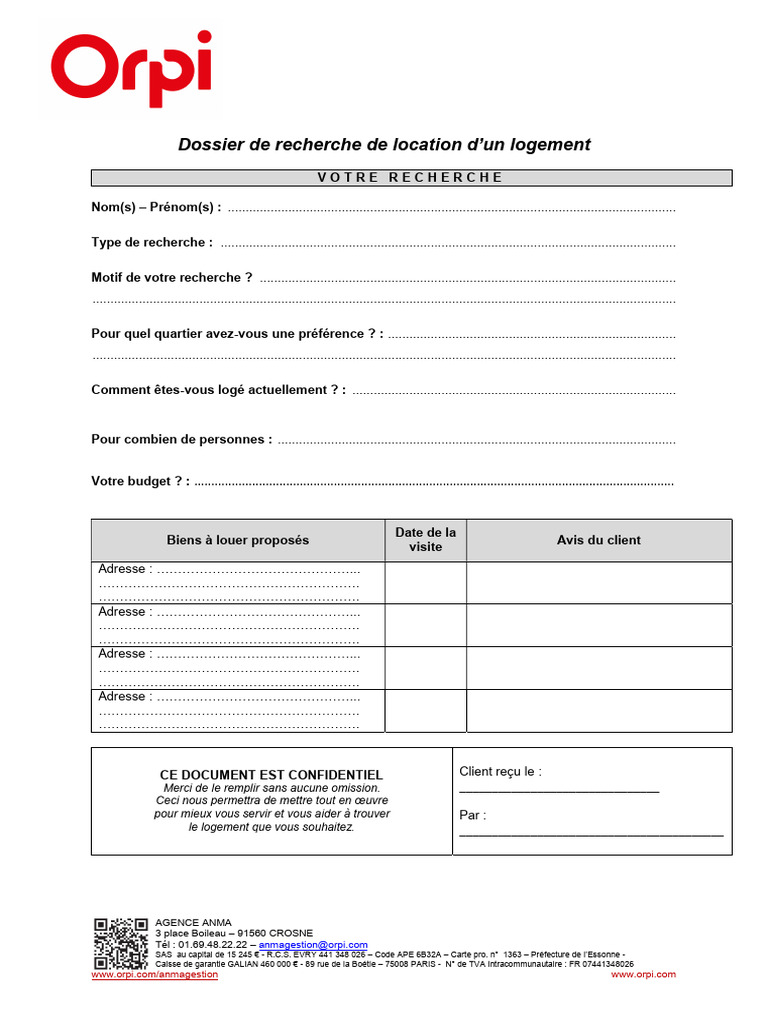 Dossier de Recherche de Location ANMA | PDF
