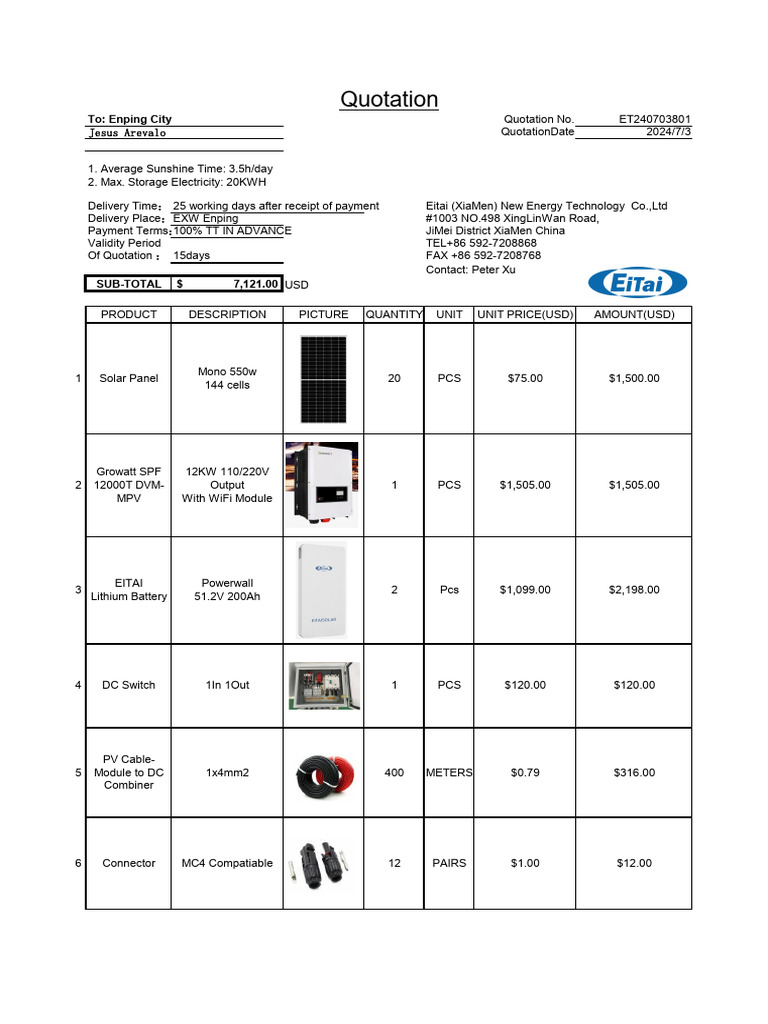 Solar Equipment Quotation ET240703801 | PDF | Solar Power | Photovoltaics