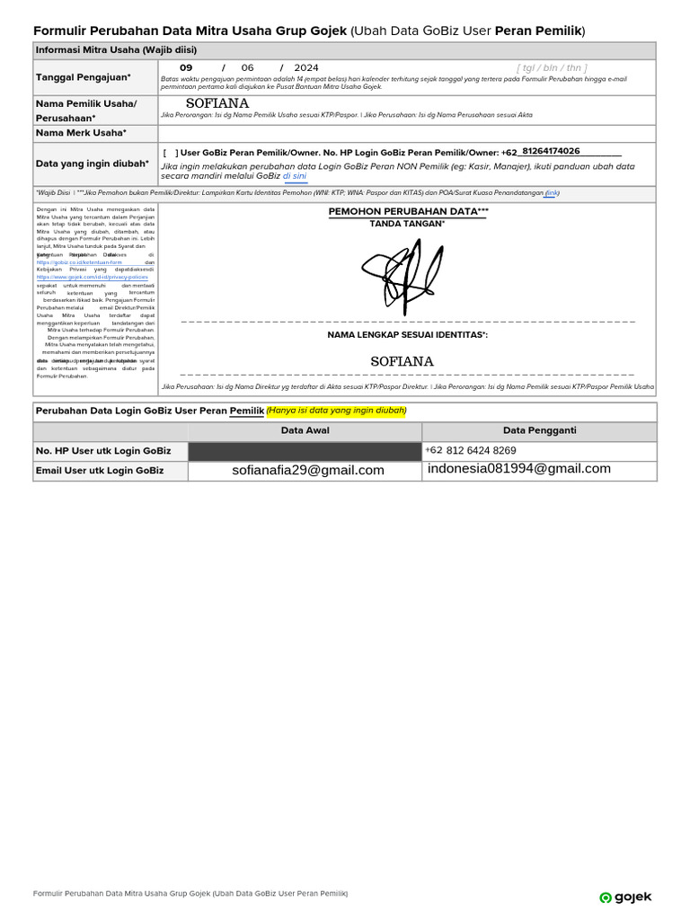 Formulir Perubahan Data Login GoBiz Peran Owner Mitra Usaha Grup Gojek v04. - 20240609 - 225823 ...