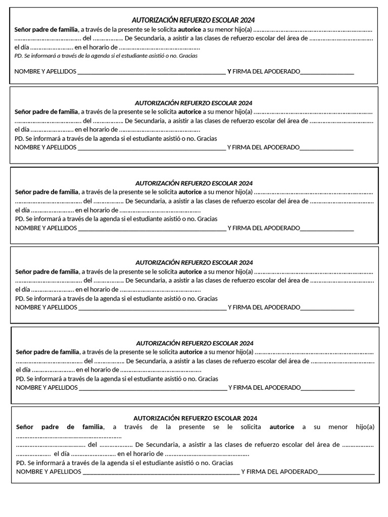 Autorización Refuerzo Escolar 2024 Pdf