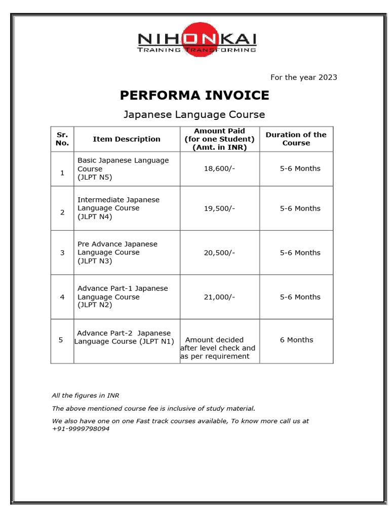 Japanese Language Course Fees 2023 | PDF