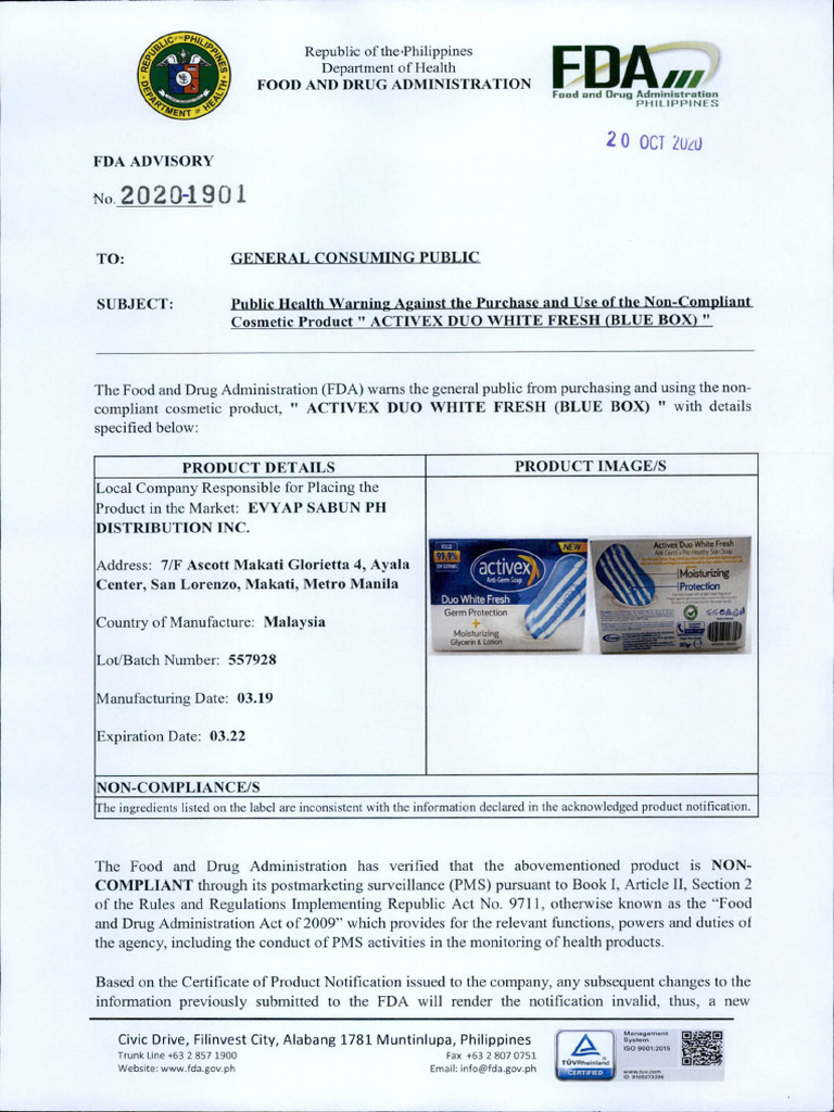 FDA Advisory No.2020 1901 | PDF