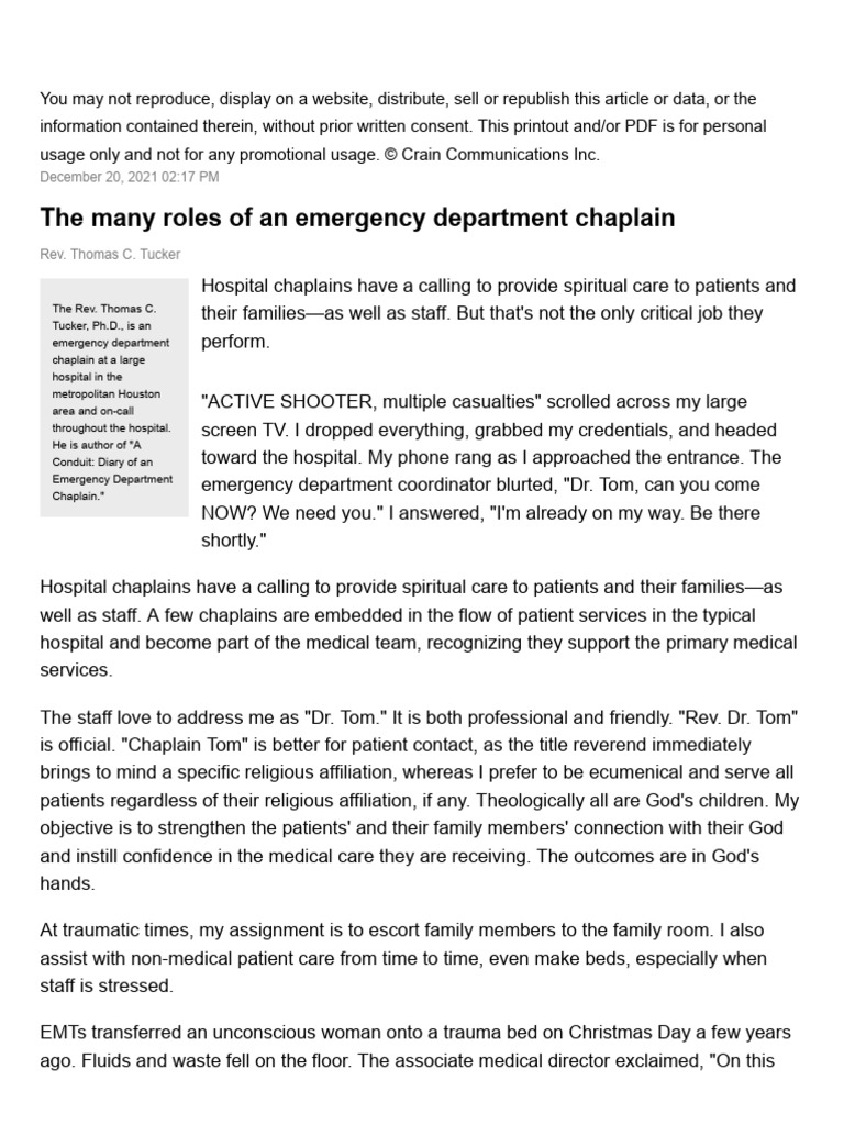The Many Roles of An Emergency Department Chaplain - Modern Healthcare ...