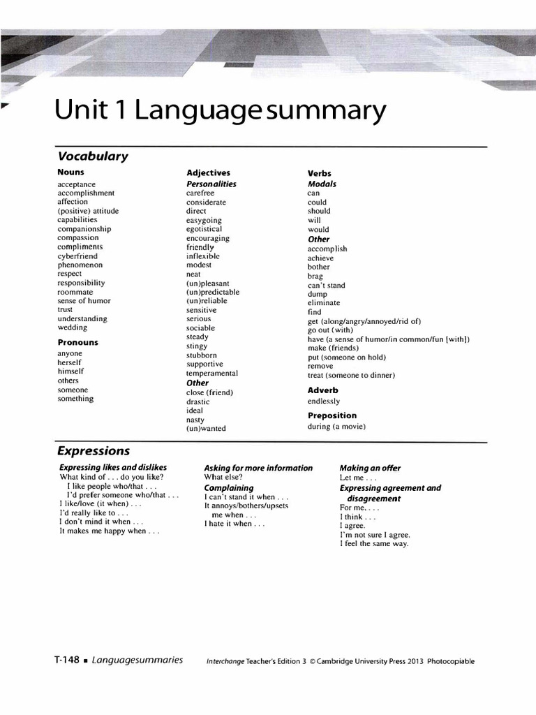 Interchange 3 Language Summary | PDF | Verb | Adjective