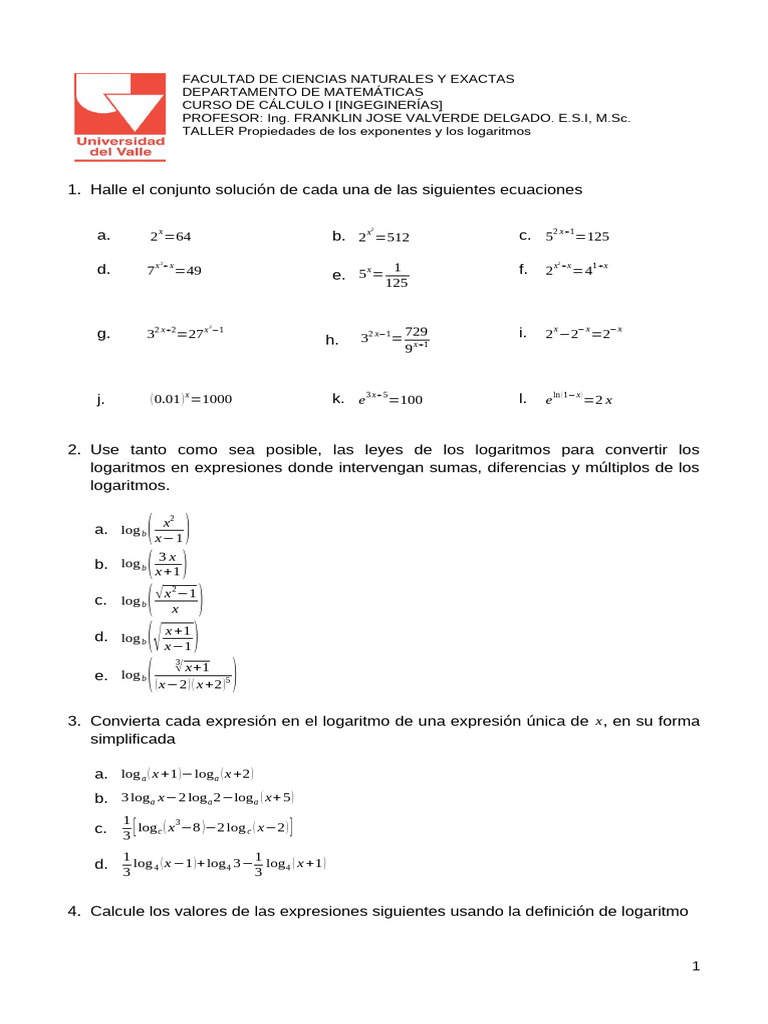 Taller de Exponentes y Logaritmos | PDF | Logaritmo | Conceptos matemáticos
