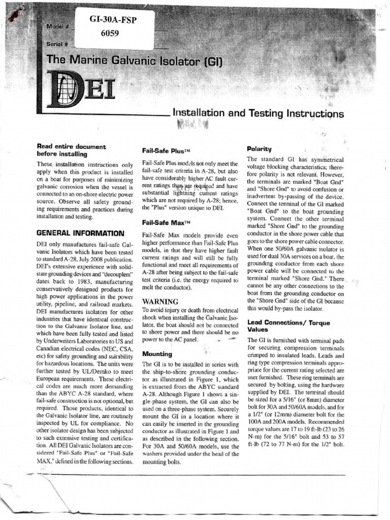 Dei The Marine Galvanic Isolator Model Gi-30a-Fsp | PDF