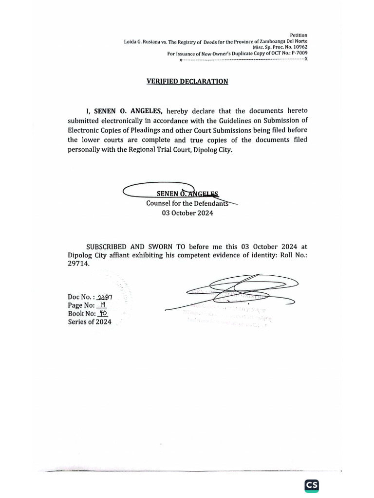 Verified Declaration For Issuance of New Owner's Duplicate | PDF