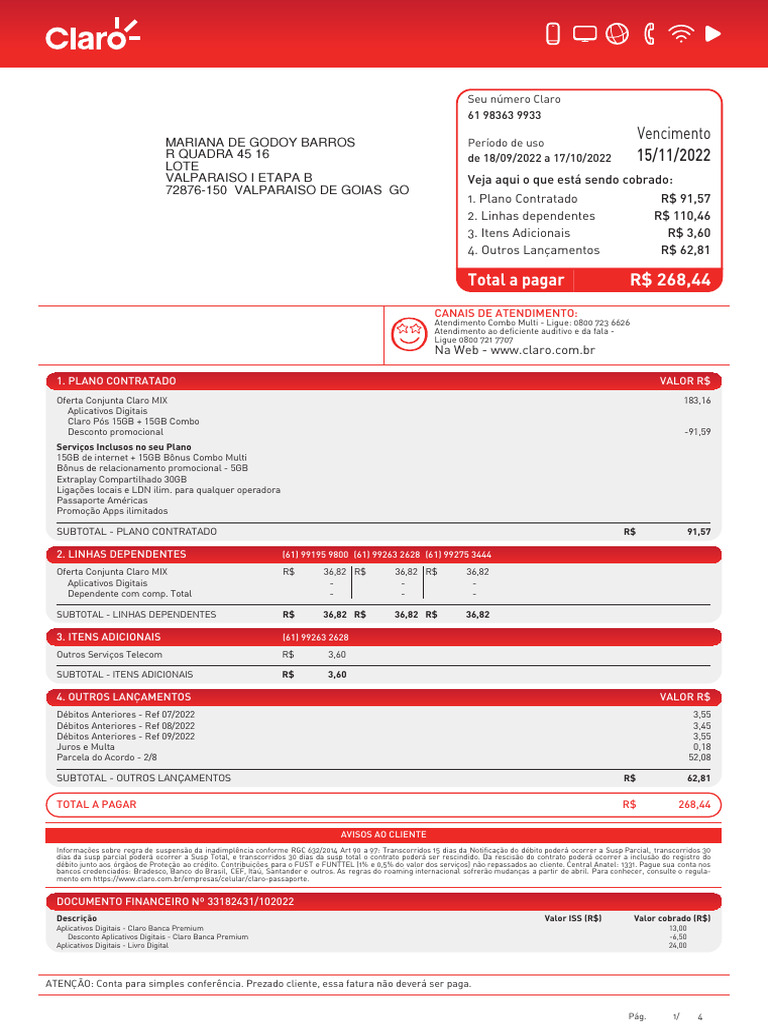 Minha Claro Fatura | PDF | Conta de transação | Indústrias de serviços