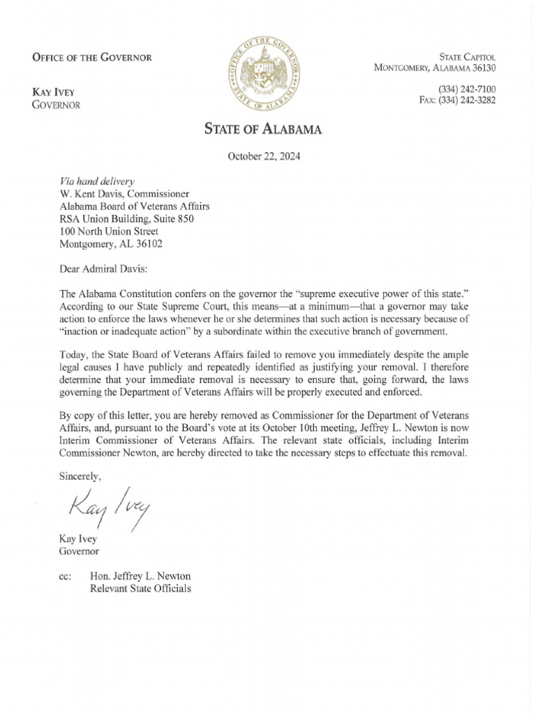 Kay Ivey Letter to Kent Davis | PDF