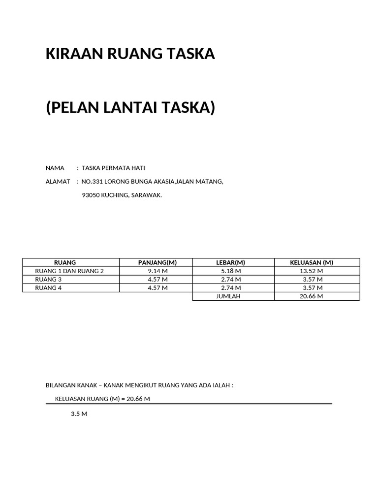 Kiraan Ruang Taska | PDF
