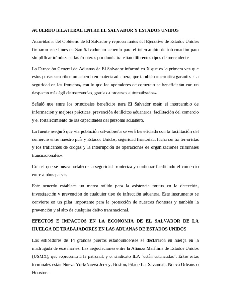 Acuerdo Bilateral Entre El Salvador y Estados Unidos | PDF | aduana ...