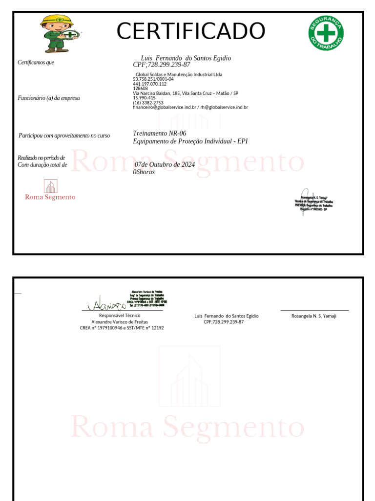 Certificado NR 06 - LUIS | PDF
