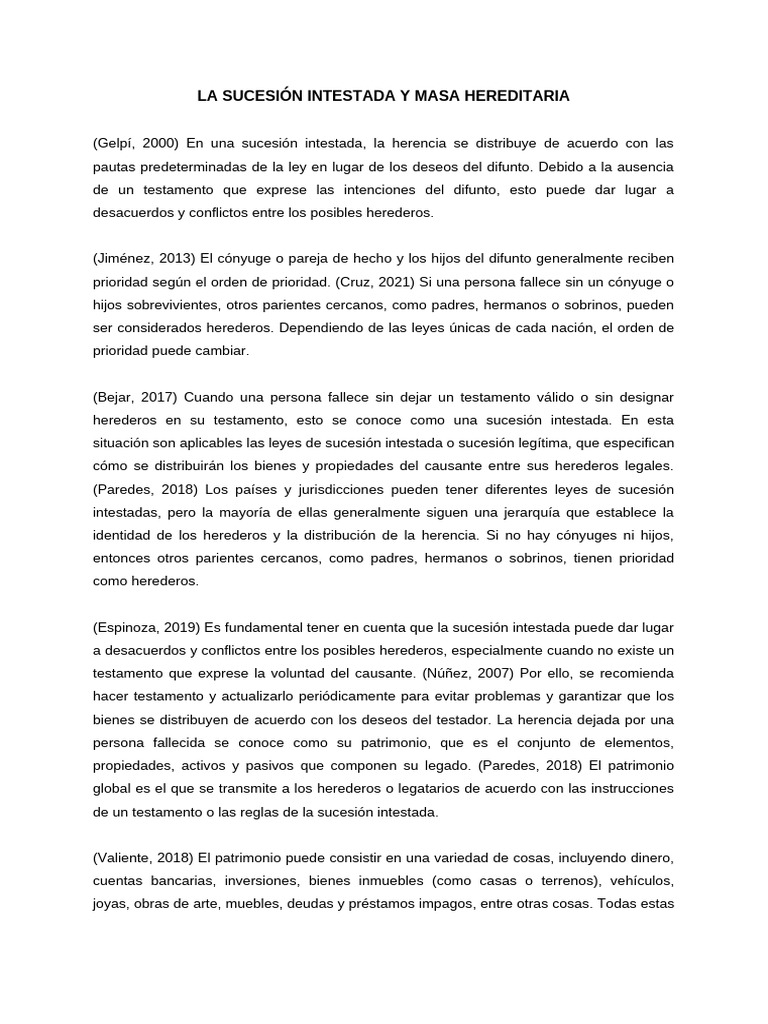 La Sucesión Intestada y Masa Hereditaria | PDF | Intestacy | Herencia