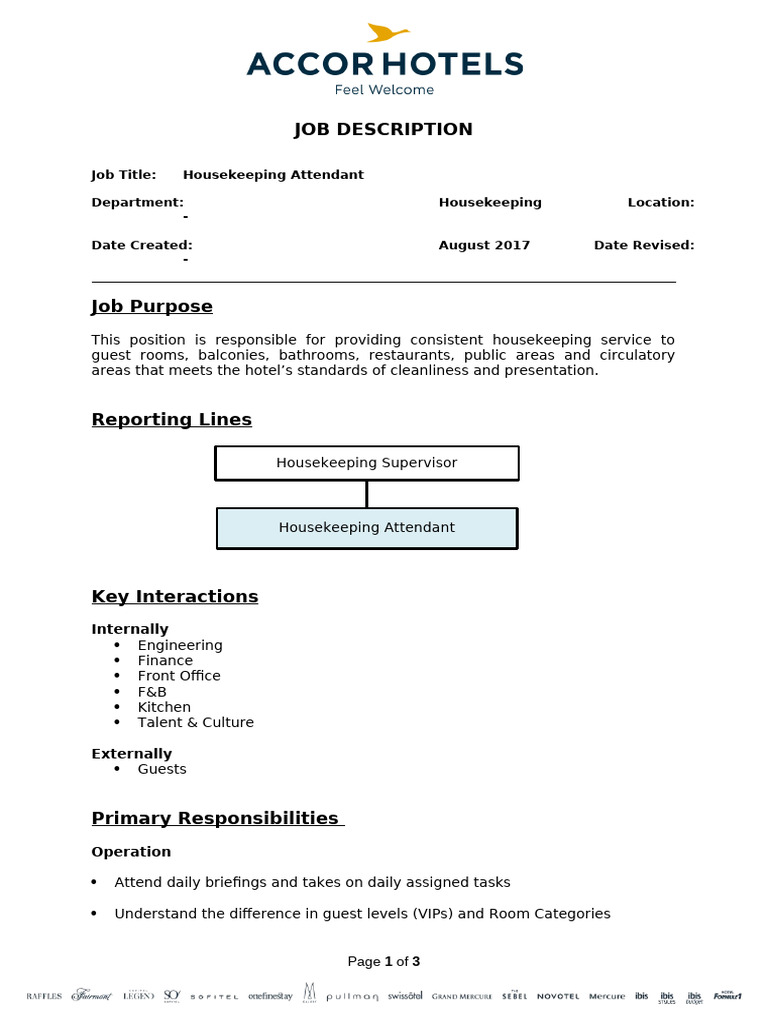 Job Description - Housekeeping Attendant | PDF | Housekeeping | Business