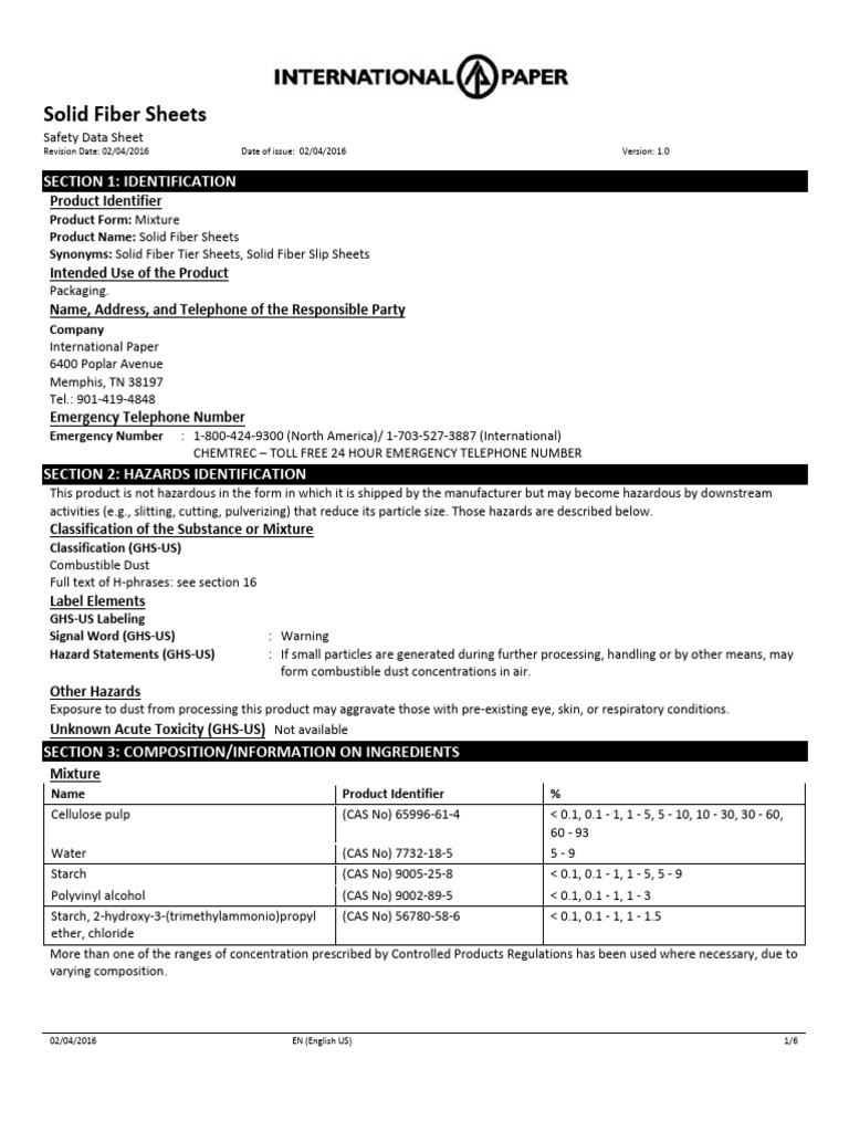 Solid Fiber Sheets Safety Data | PDF | Workplace | Pollution