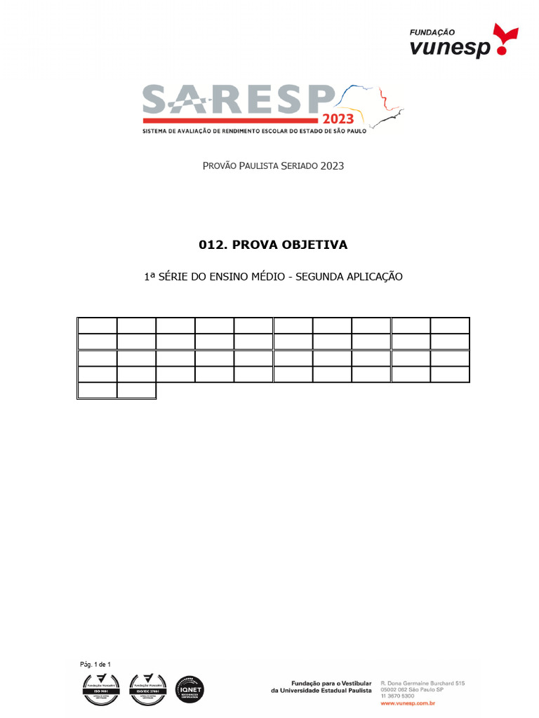 Gabarito 1 Ano Saresp 2023 | PDF