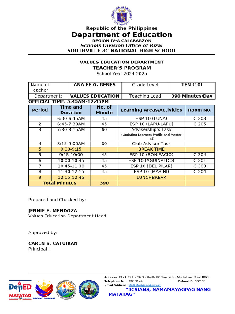 Southville 8C Teacher Program 2024-2025 | PDF | Telecommunications | Email