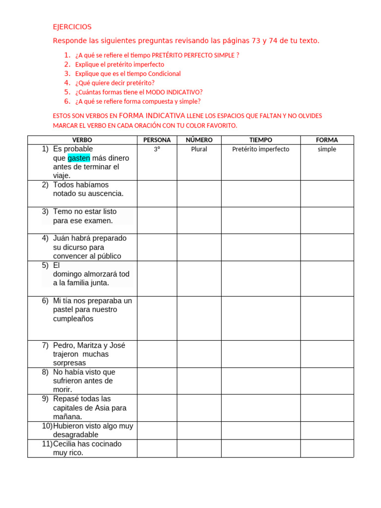 Ejercicios Modo Indicativo | PDF | Estudios de idiomas extranjeros