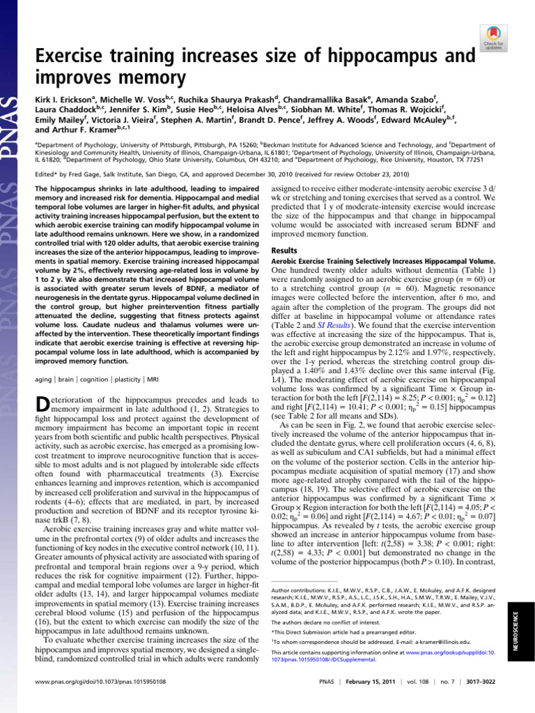 Erickson Et Al 2011 Exercise Training Increases Size of Hippocampus and ... Erickson Et Al 2011 Exercise Training Increases Size of Hippocampus and ...