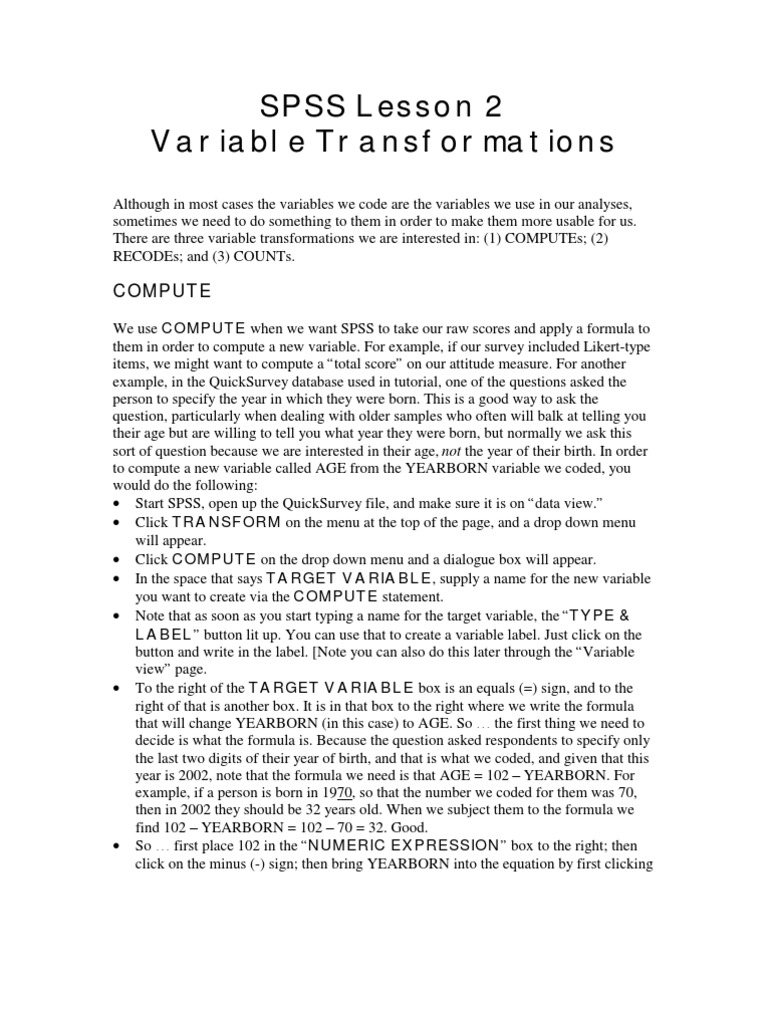 SPSS Recode, Compute, Count | PDF | Spss | Formula