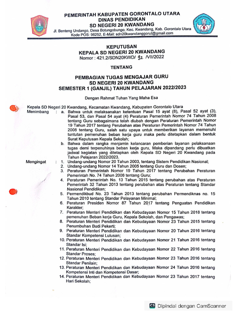 SK Pembagian Tugas Ganjil 2022 | PDF