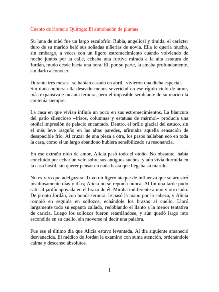 Cuento de Horacio Quiroga - El almohadón de plumas | PDF
