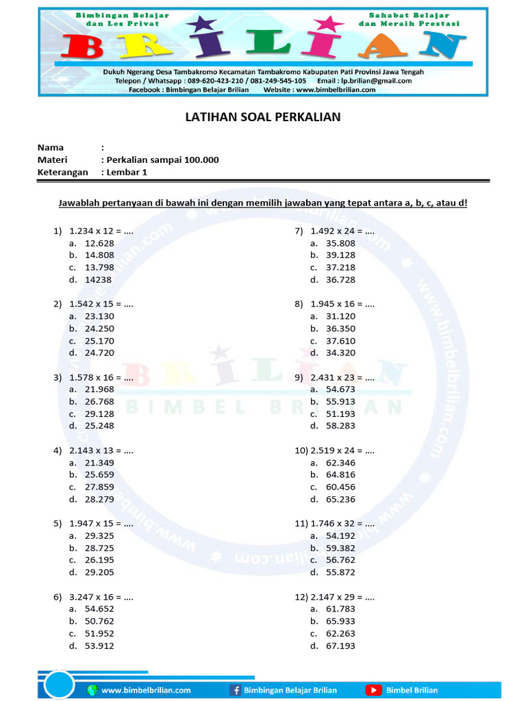 Latihan Soal Perkalian: Nama: Materi: Perkalian Sampai 100.000 ...