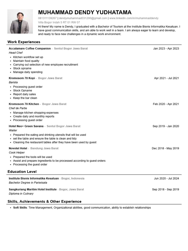 Muhammad Dendy Yudhatama CV | PDF | Foodservice | Home