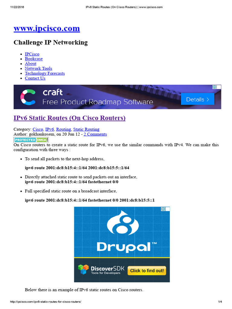 IPv6 Static Routes (On Cisco Routers) - WWW - Ipcisco | PDF | I Pv6 ...