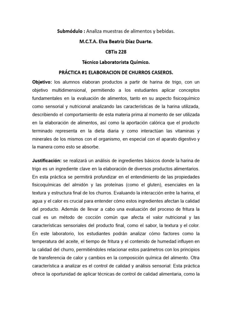 Pr-Ctica 1 Elaboracion de Churros Caseros | PDF | Alimentos | Nutrición