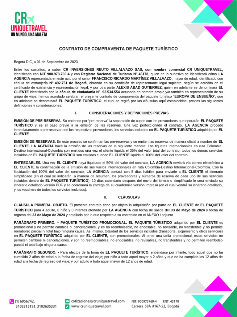 Contrato Europa de Ensueño Ejemplo | PDF | Turismo | Tarjeta de débito