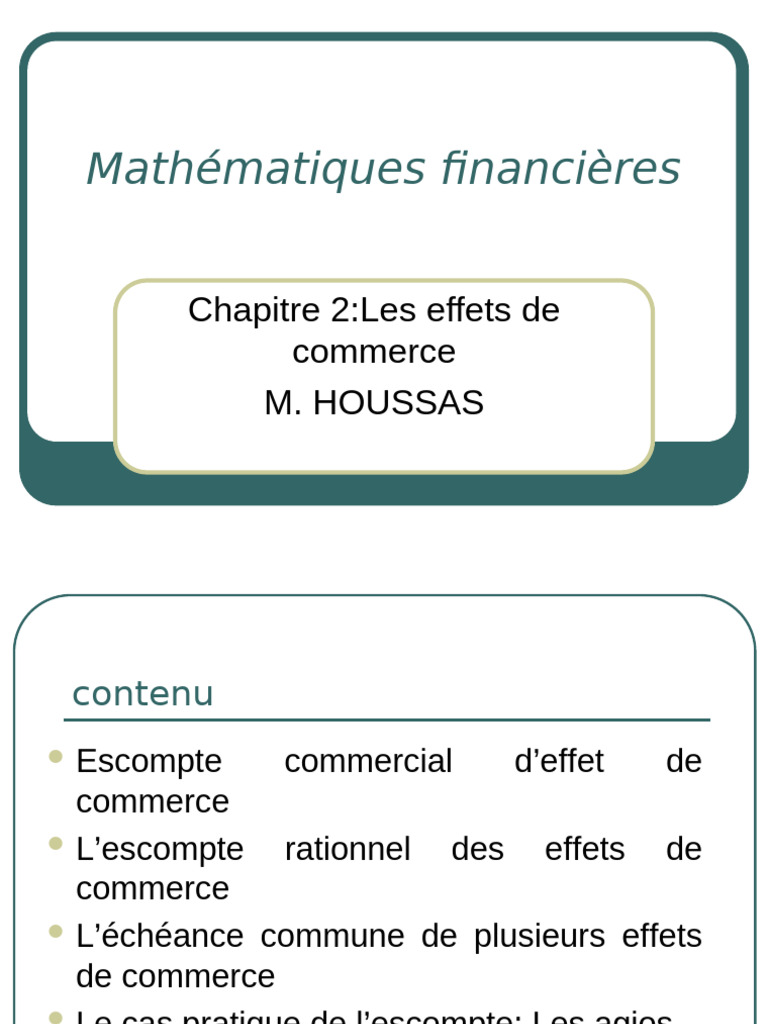 Chapitre 2 Mathématiques Financières Effets de Commerce | PDF | Effet de commerce | Taxe sur la ...
