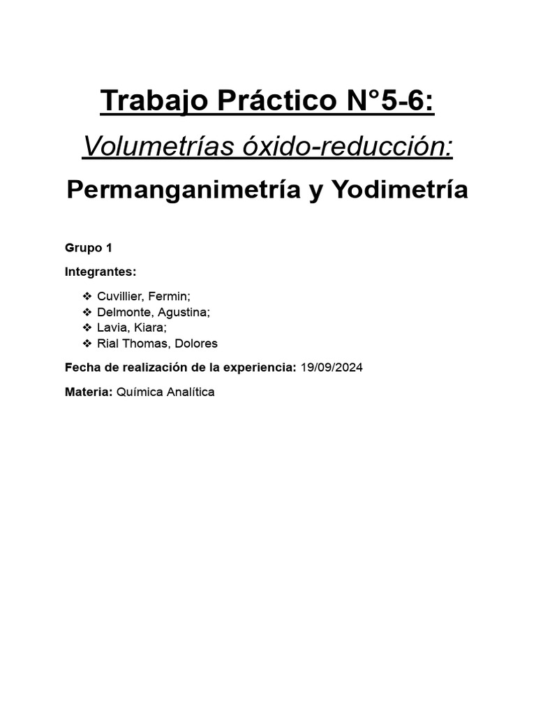 TP N°5-6_ Volumetrías Redox - Grupo 1 | PDF | Redox | Valoración