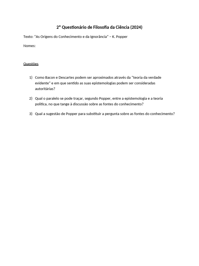 Questionário de POPPER | PDF
