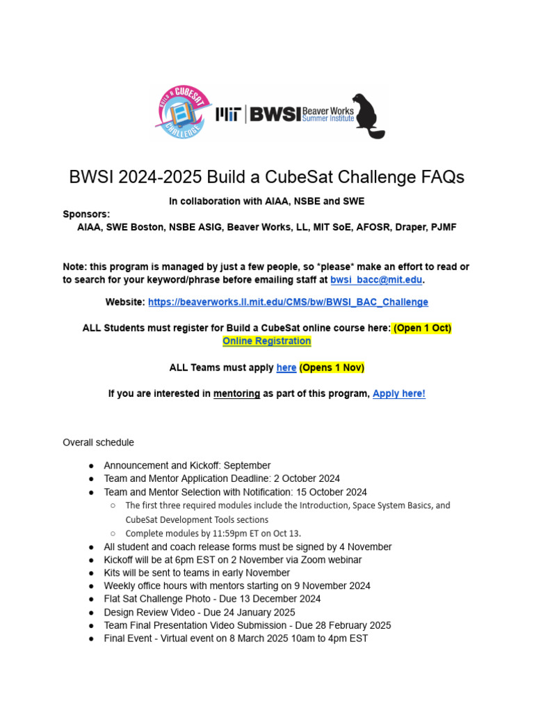 BWSI 2024-2025 Build A CubeSat Challenge FAQs | PDF | Educational ...