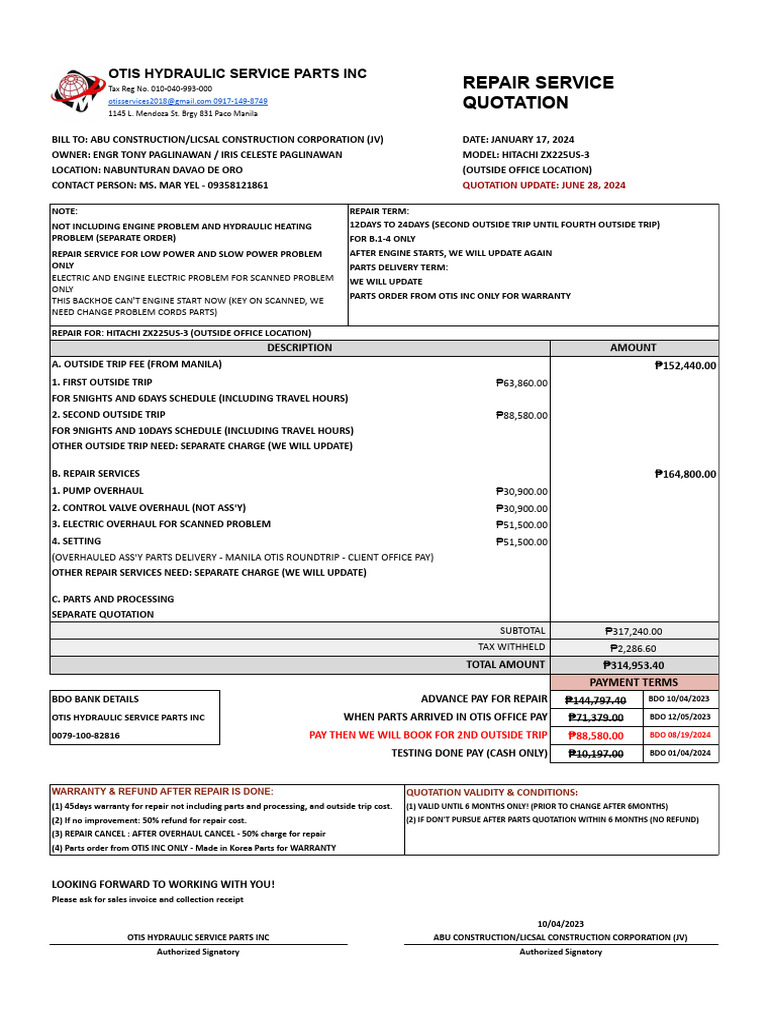 REPAIR QUOTATION - HITACHI ZX225US-3 (OUTSIDE OFFICE LOCATION ...