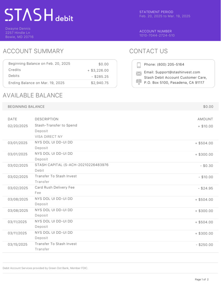 Stash Bank Statement | PDF | Debit Card | Banks
