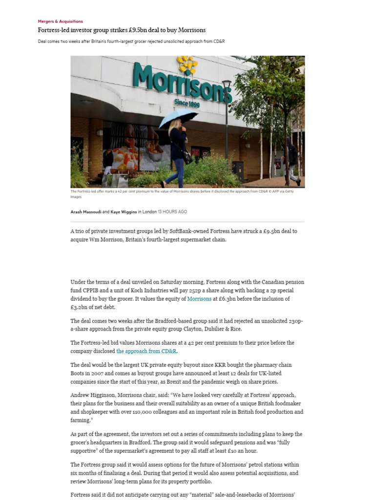 Fortress-Led Investor Group Strikes 9.5bn Deal To Buy Morrisons | PDF ...