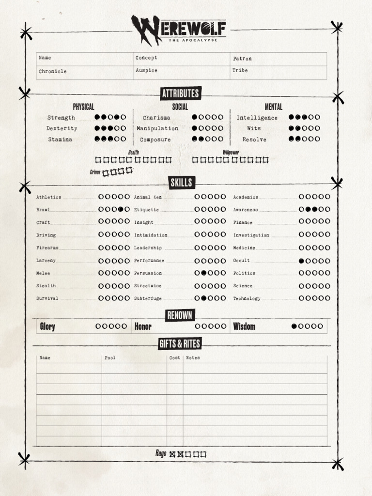 WoD Ficha Hombre Lobo Alan | PDF