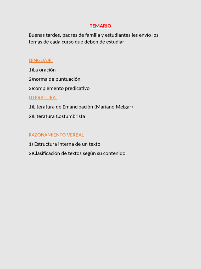 Temario Del Area de Comunicacion | PDF